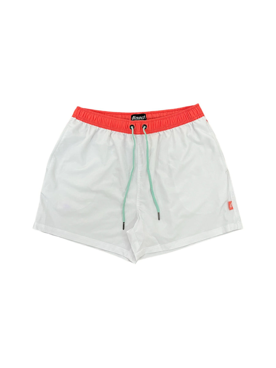 ADULT SWIM SHORTS WHITE WITH TART RED BAND – Staunch Traditional Outfitters